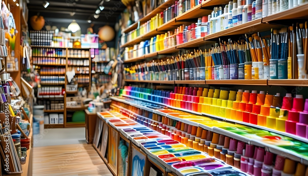 Bright and welcoming art supply store showcasing a rainbow of paints ...