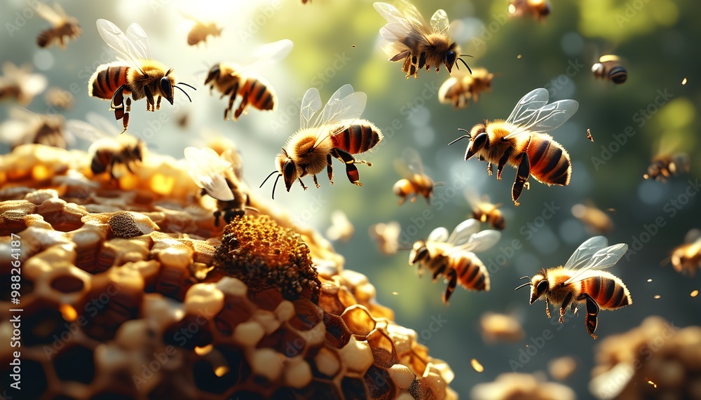 Harmony of honey bees bustling around a honeycomb, embodying teamwork ...