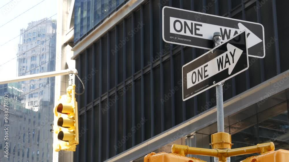 New York City street crossroad, yellow traffic light, oneway transport ...