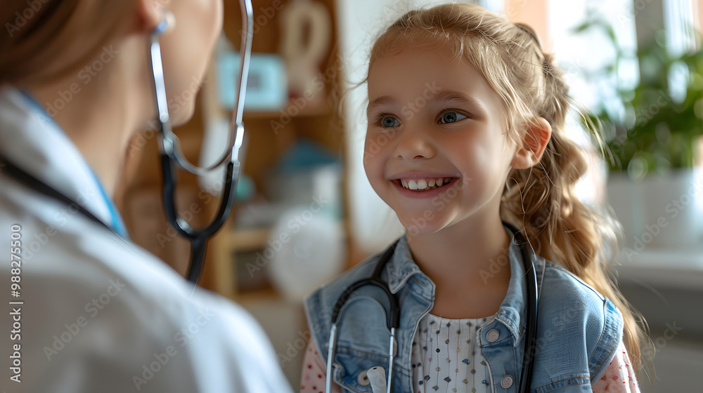 Happy child smiling while doctor is examining her lungs or heart during ...