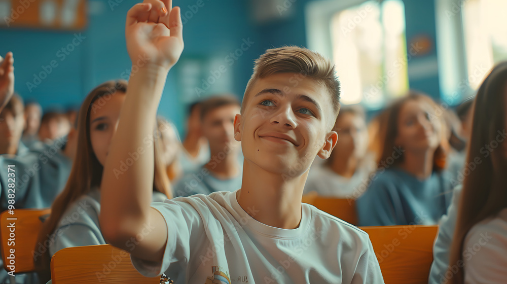 High school students sitting back at the desks in the classroom during ...