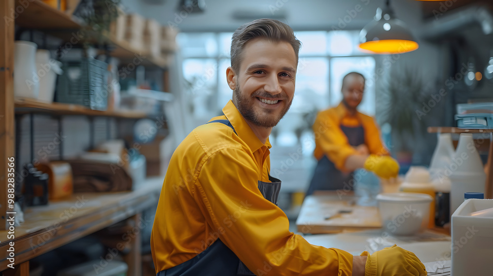 Janitors working in office premises. Two professional cleaners from ...