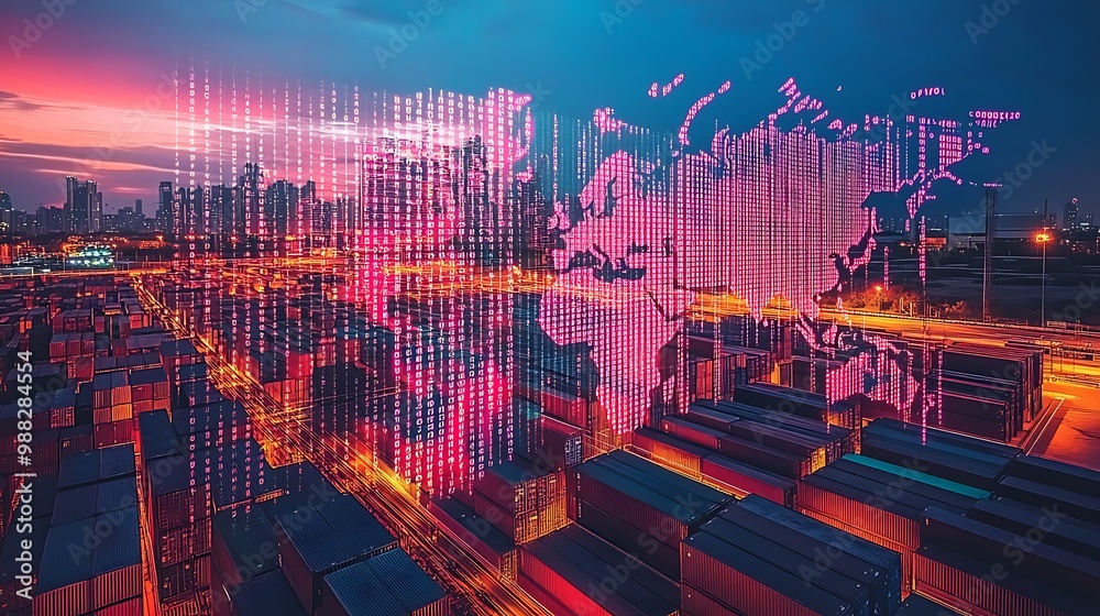 A blend of digital world maps and barcodes, with arrows pointing outward from key export ...