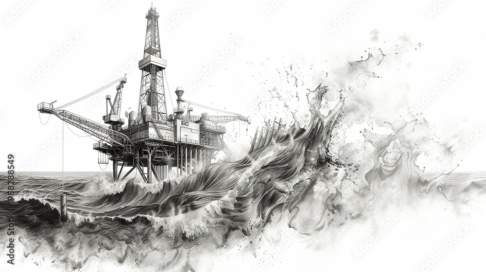 Rough Waters: Dramatic Ink Sketch of Oil Rig Amid Turbulent Seas and ...