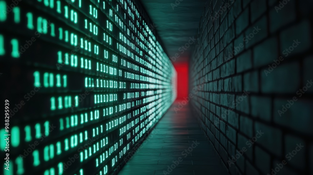 Glowing binary code matrix with encrypted locks embedded throughout, creating a high-tech ...