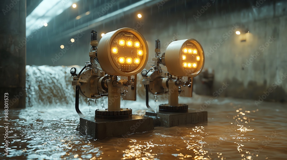 Advanced water turbine with LED indicators showing energy output ...