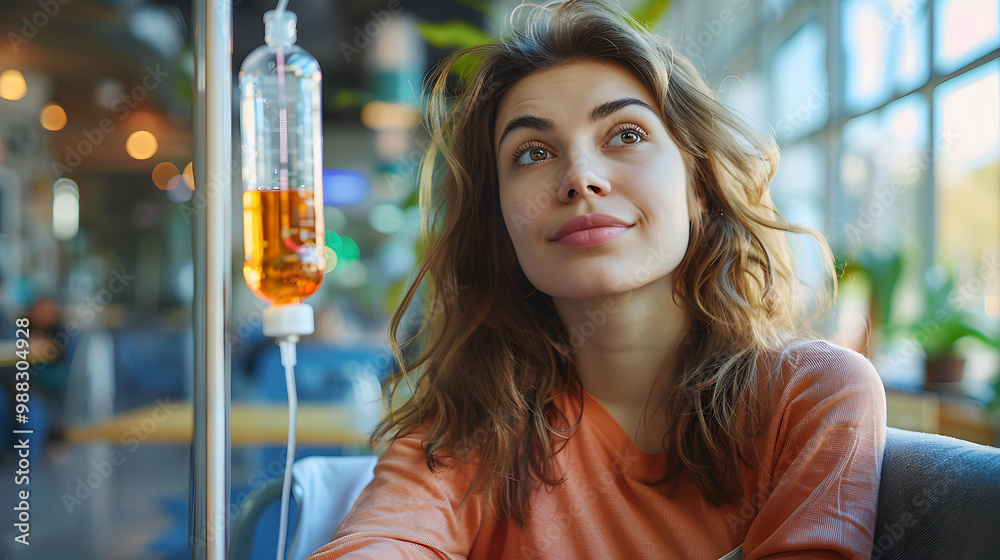 Woman with sterile tube in arm sitting by pole with IV bottle at medical center, drinking water ...