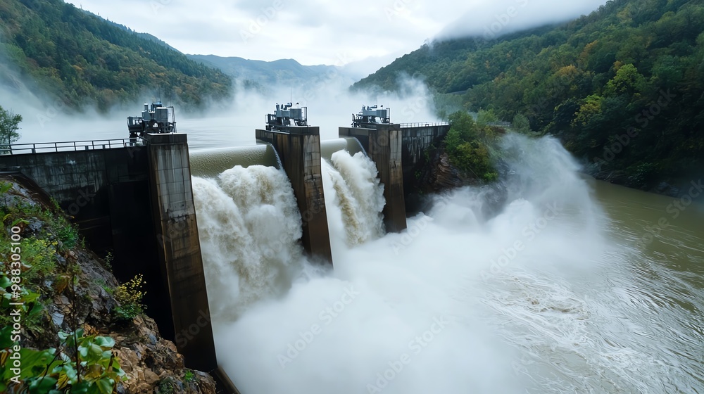 Futuristic hydropower dam with robotic maintenance, clean energy ...
