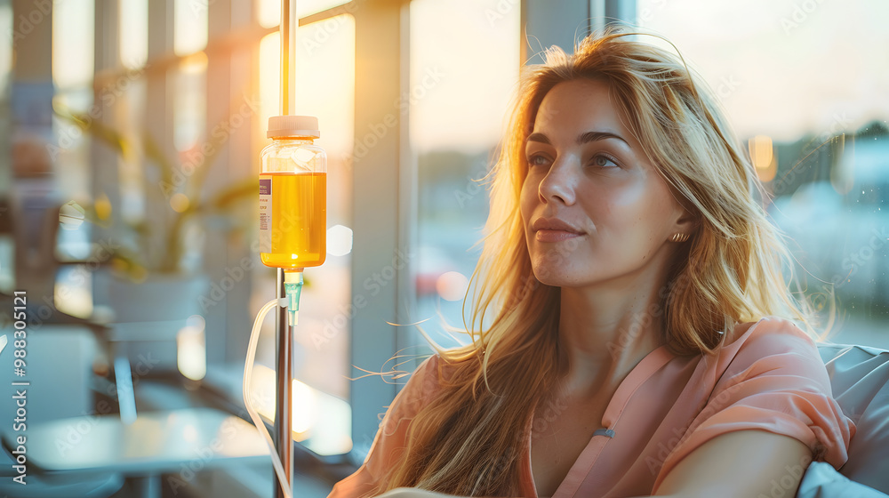 Woman with sterile tube in arm sitting by pole with IV bottle at medical center, drinking water ...