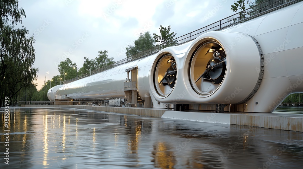 Futuristic hydropower plant with advanced turbines, ecofriendly ...