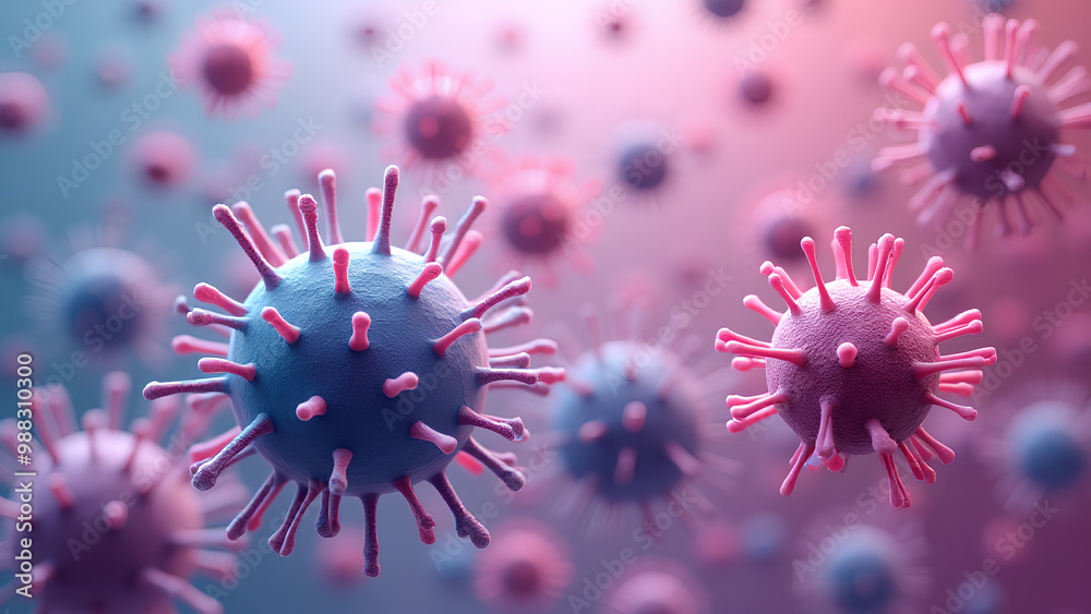 Pink and blue viruses and bacteria of various shapes abstract medical ...