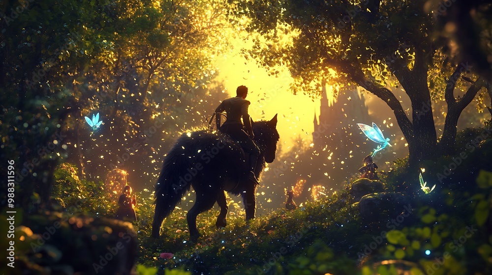 4D animation of a fantasy prince riding a magical wolf through an ...