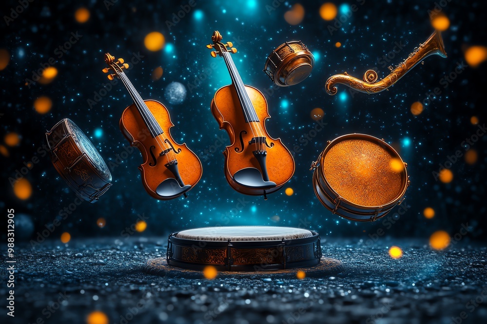 Fantasy music instrument collection, with enchanted violins, drums, and ...