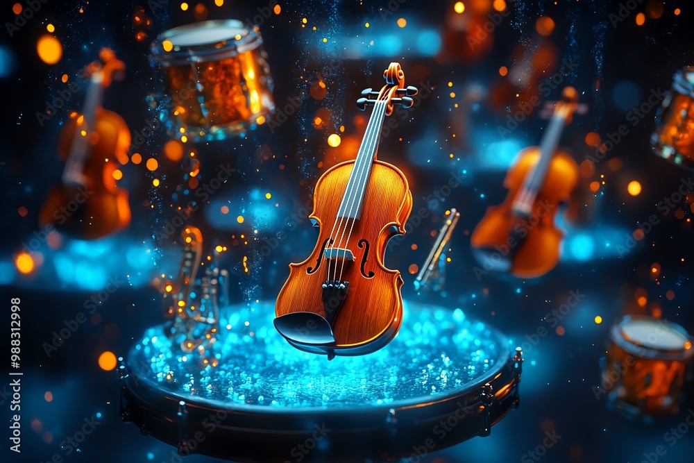Fantasy music instrument collection, with enchanted violins, drums, and ...