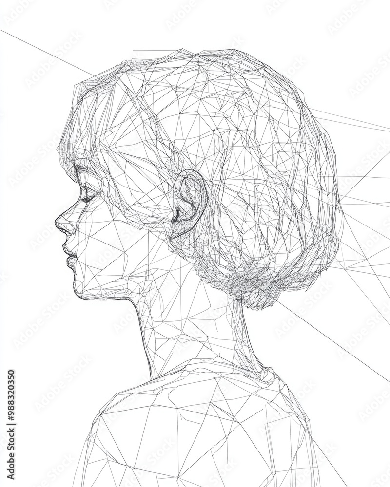 Line art illustration of a wireframe figure of a girl with a short ...