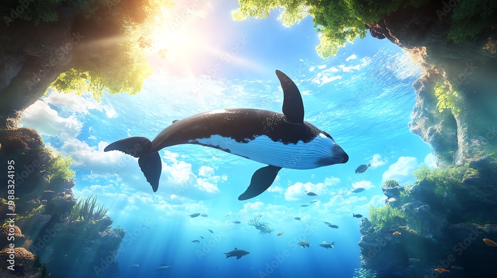 A diverse marine ecosystem with whales, dolphins, and fish coexisting ...