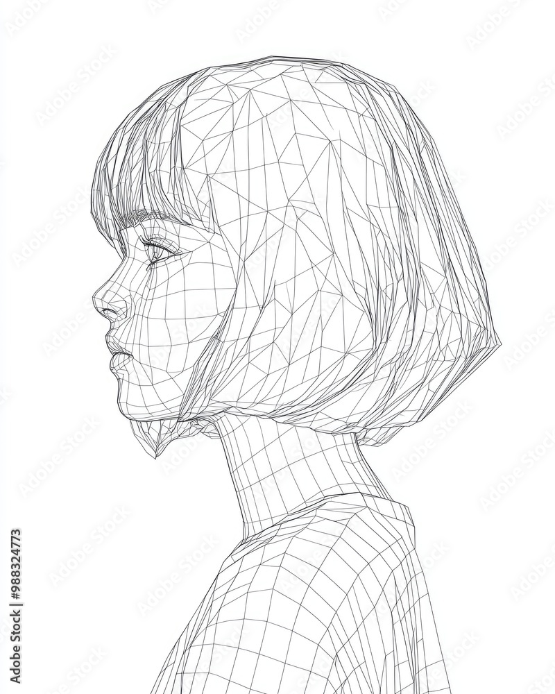 Line art illustration of a wireframe figure of a girl with a short ...