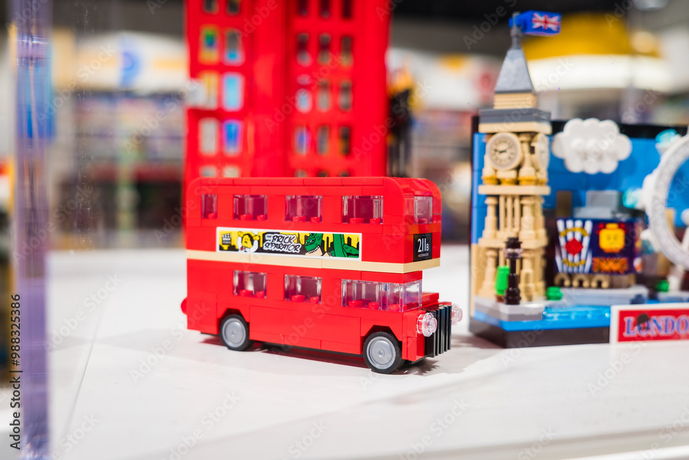 London, UK - July 26, 2024: Huge Lego sculpture of a traditional red ...