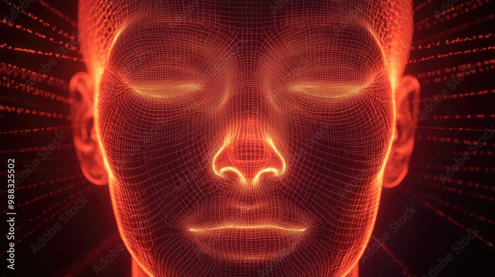 Line art illustration of a glowing wire mesh human face representing ...