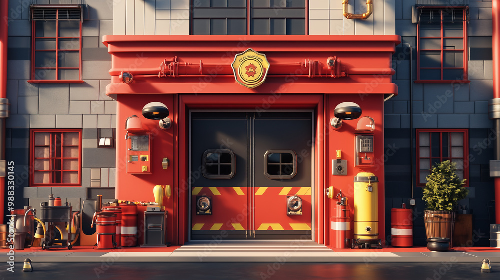 A fire station with a bold 3D front featuring firefighter motifs and ...
