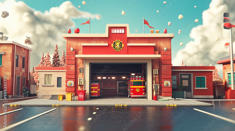 A fire station with a bold 3D front featuring firefighter motifs and ...