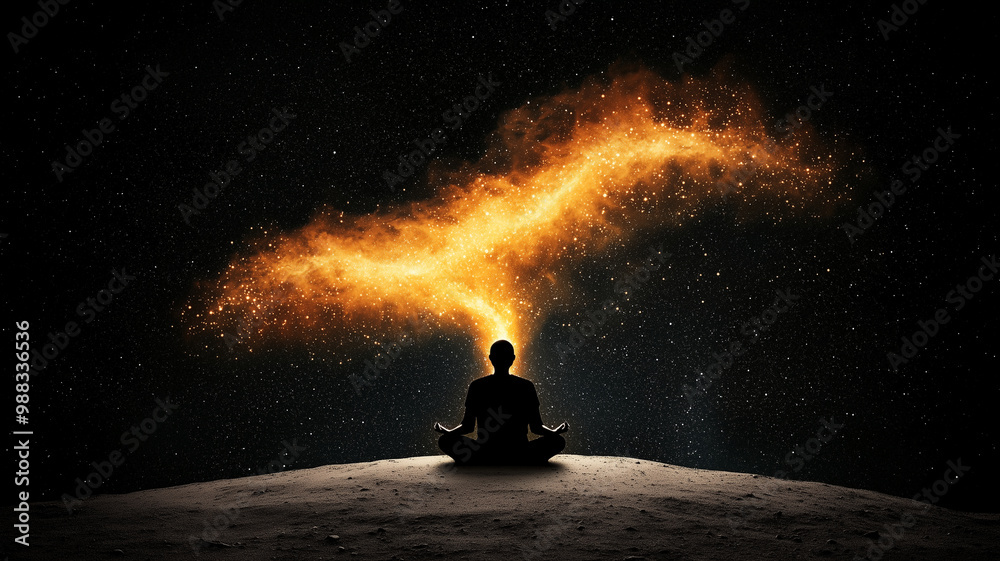person meditating in cosmic setting, with vibrant stream of light and ...
