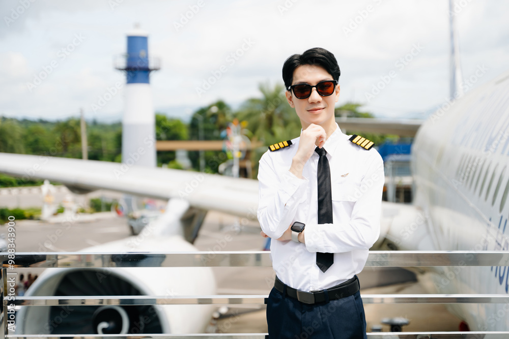 Asian Confident male pilot in uniform leaning at the passenger seat ...