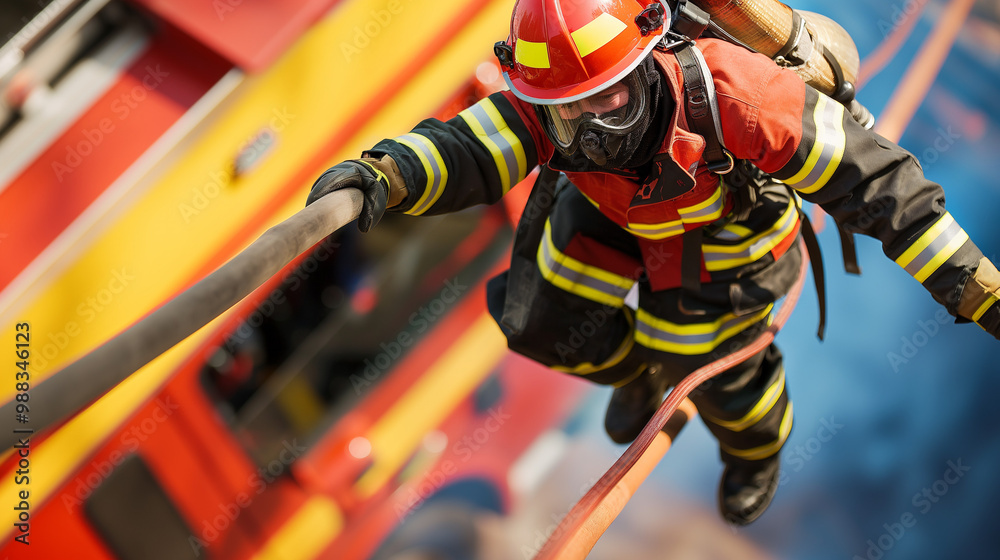 Firefighter in full gear slides down fire station pole, ready for ...