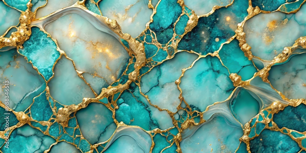 Golden abstract shapes seamlessly merge with turquoise resin details ...