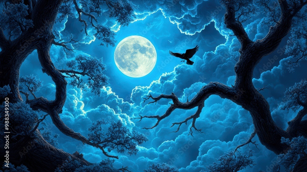 Full moon partially obscured by storm clouds casting an eerie glow on a ...