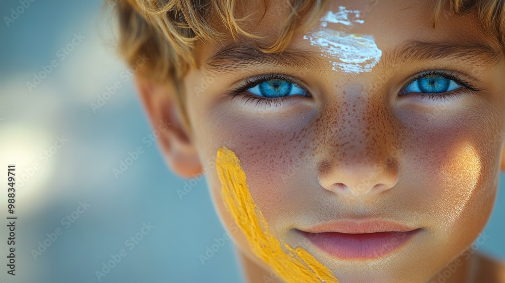 boy with sunscreen lotion on face young boy si protected from sun with ...