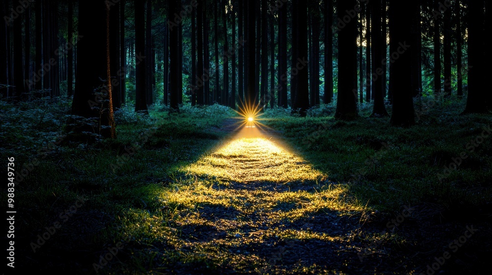 Path through the woods illuminated by a single lantern held by an ...