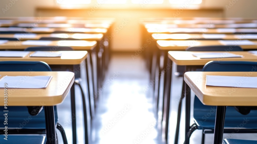 Rows of empty desks in a quiet classroom exam papers ready on the ...