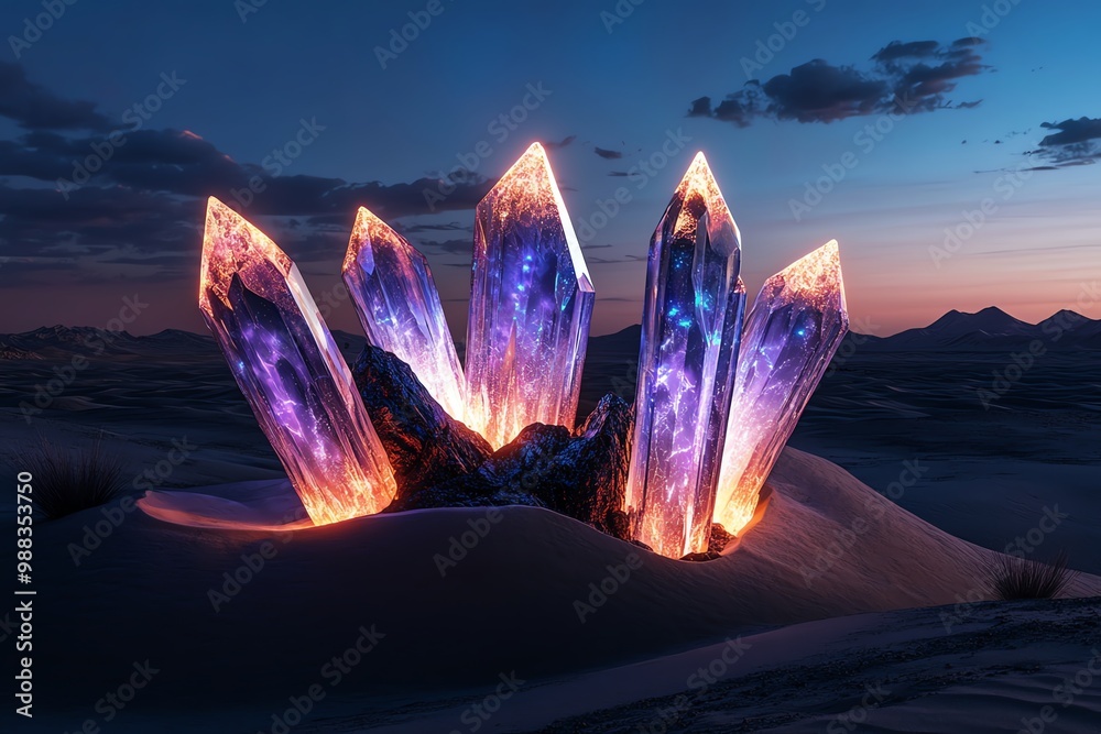 Futuristic desert mining operation, extracting glowing crystals and ...