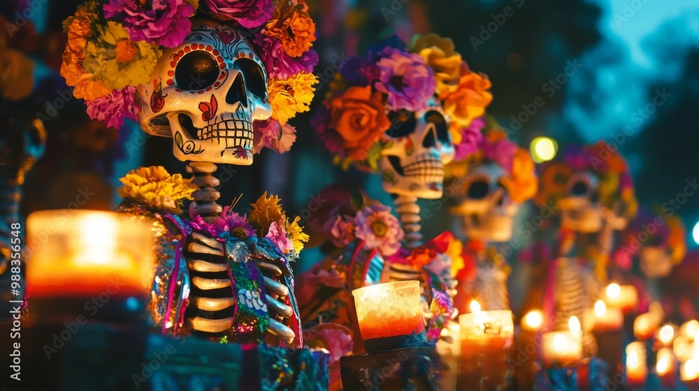 Vibrant skeleton parade, each adorned with flowers and costumes, making ...