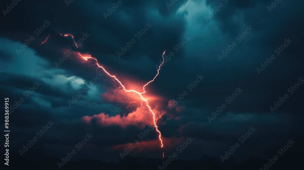 Bright lightning bolt splitting the dark sky during a powerful night ...