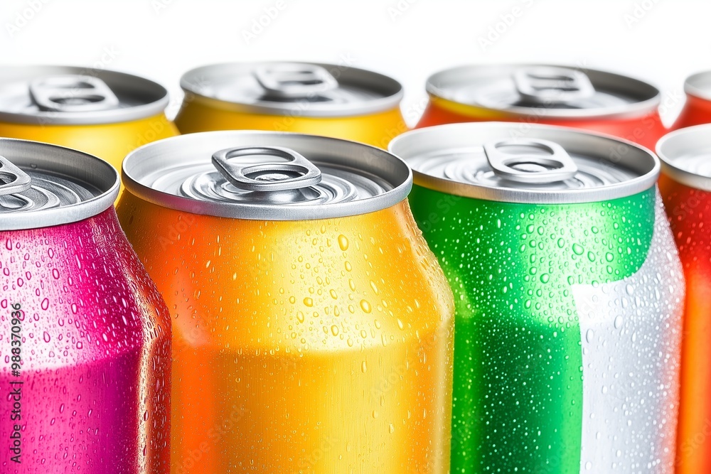 Row of cans of soda with different colors. The cans are lined up next ...