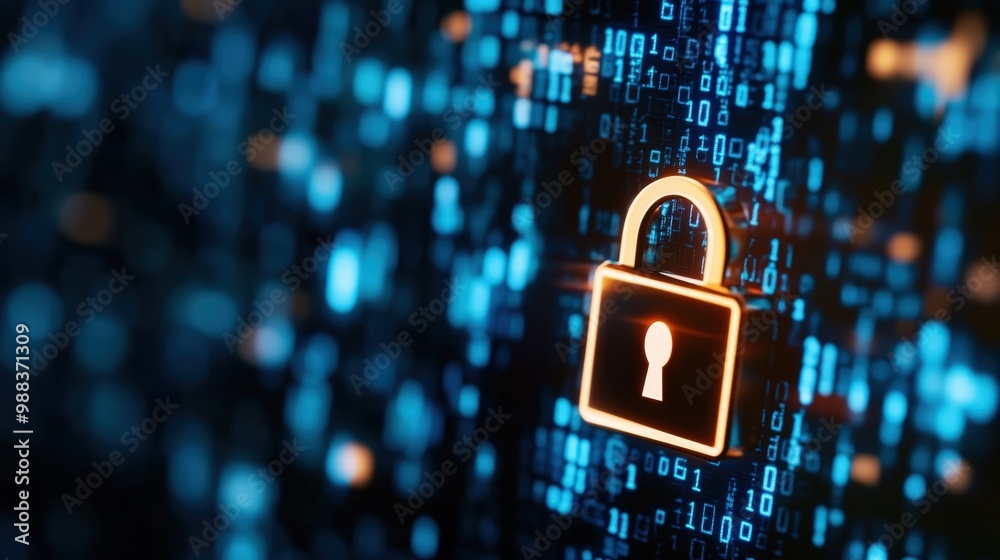 Digital lock icon set against a binary code background, representing ...