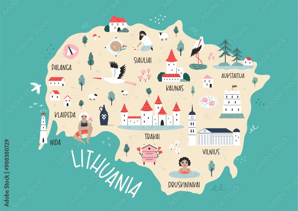 Detailed Hand-Drawn Map of Lithuania with Landmarks and Cultural ...