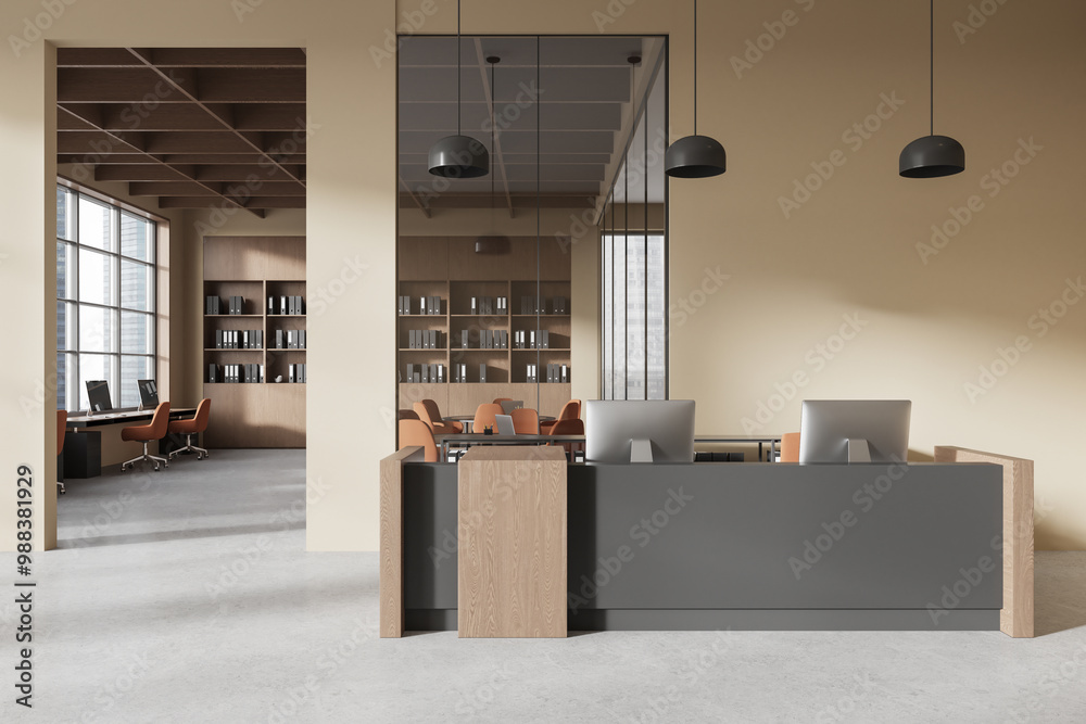Office room interior with reception desk, work zones and panoramic ...