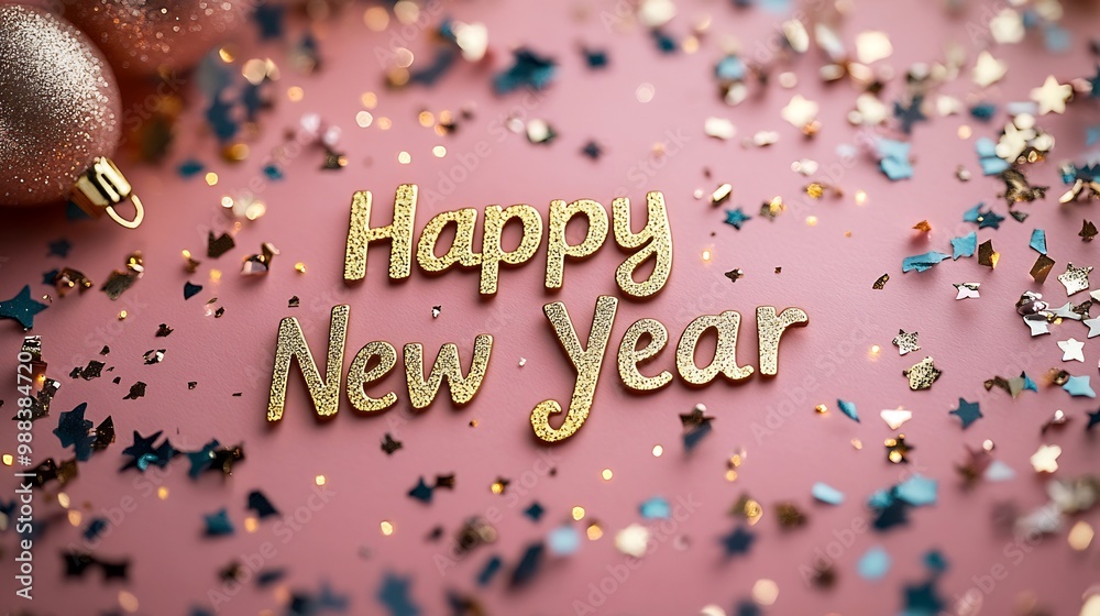 Clean modern Happy New Year greeting in gold script on a smooth muted ...