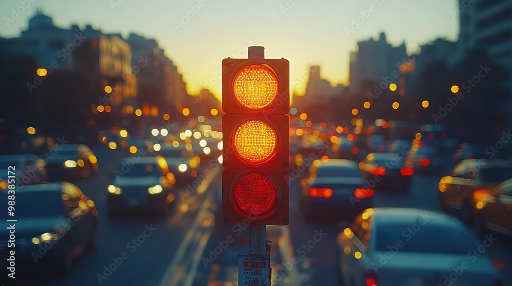 busy crossroads during rush hour with a prominent red stoplight ...