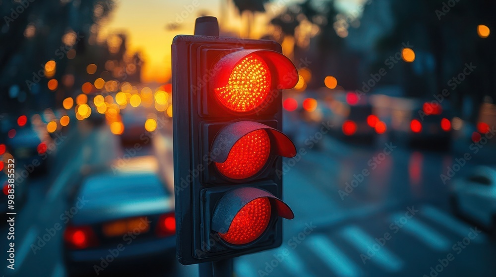 busy crossroads during rush hour with a prominent red stoplight ...