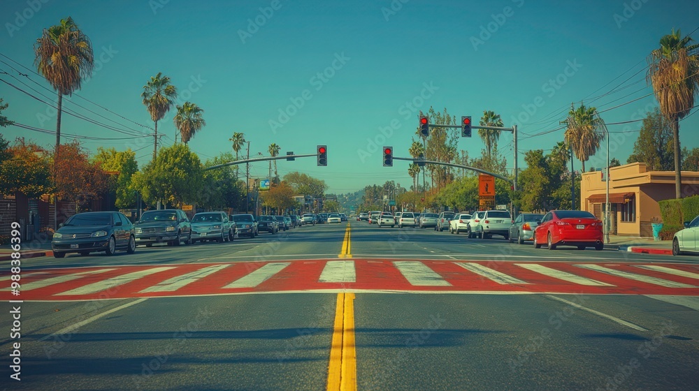busy crossroads during rush hour with a prominent red stoplight ...