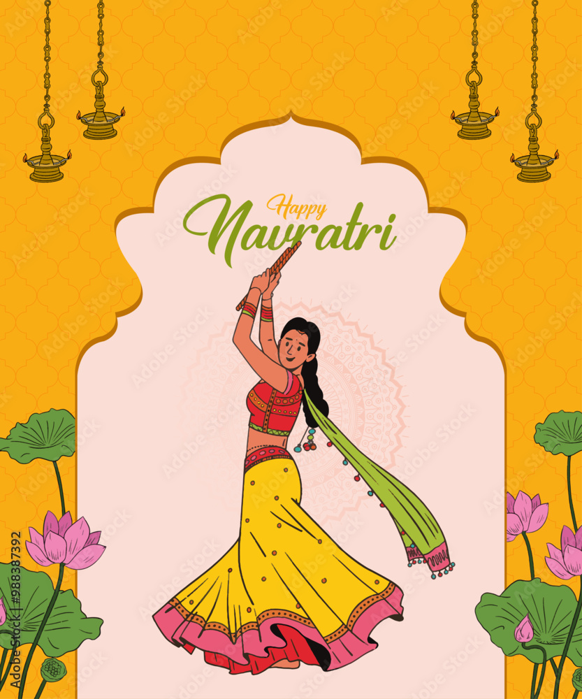Happy Navratri with a young girl playing dandiya dance vector ...