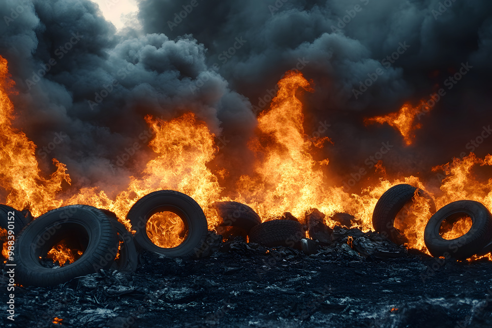 Tire fire pollution, burning rubber, environmental hazard, toxic smoke, air pollution, tire ...