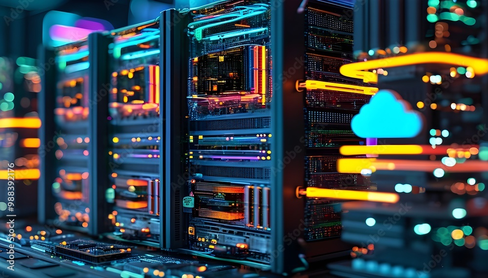 Abstract neon circuit network with motherboard and CPU, highlighting ...