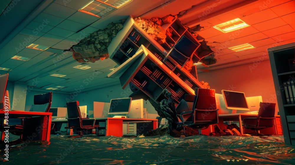 an office building sinking into the ground, warped and twisted ...