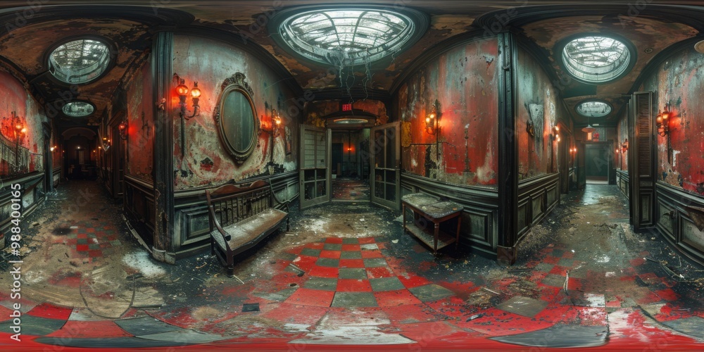An immersive 360-degree panorama of a haunted mansion maze, filled with ...
