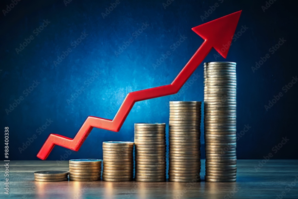 Illustration of a coin tower crumbling down, with a bright red arrow ...